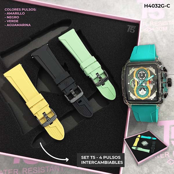 RELOJ T5 DEPORTIVO CRONÓGRAFO SET 4 PULSOS HOMBRE H4032G-C